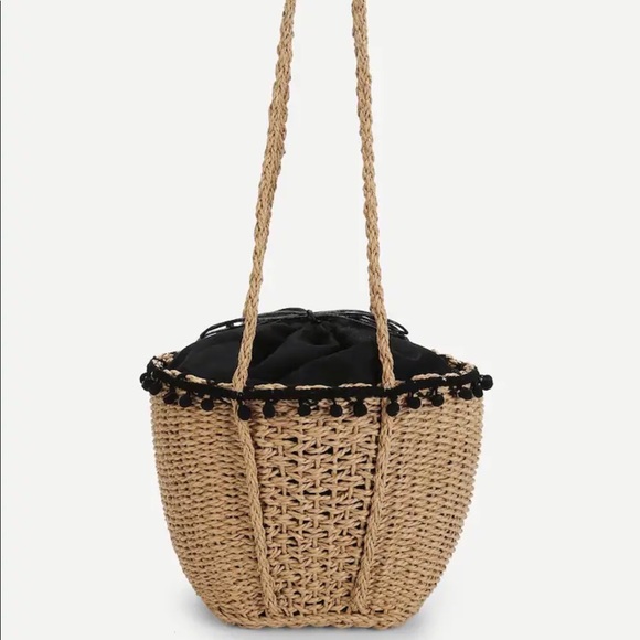 Bags | Straw Woven Straw Bucket Drawstring Pom Bag Purse | Poshmark